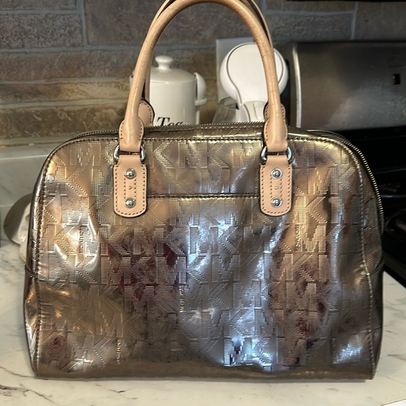 Michael Kors | Bags | Michael Kors Mk Logo Metallic Bronze Large ...